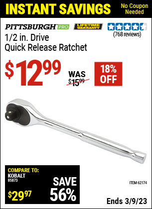 PITTSBURGH 1/2 in. Drive Quick Release Ratchet for $12.99 – Harbor ...