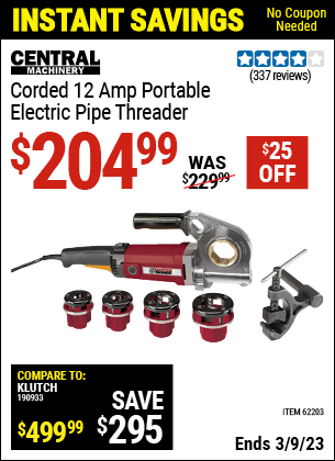 CENTRAL MACHINERY Portable Electric Pipe Threader for $204.99 – Harbor ...
