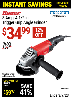 BAUER Corded 4-1/2 in. 8 Amp Heavy Duty Trigger Grip Angle Grinder with Tool-Free Guard for $34. ...