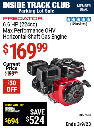 PREDATOR 6.6 HP (224cc) OHV Horizontal Shaft Gas Engine for $169.99 ...