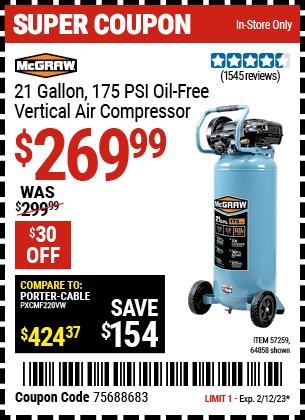 MCGRAW 21 gallon 175 PSI Oil-Free Vertical Air Compressor for $269.99 ...