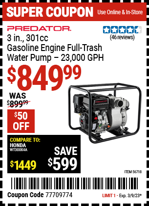 PREDATOR 3 In. 301cc Gasoline Engine Full-Trash Water Pump – 23,000 GPH ...