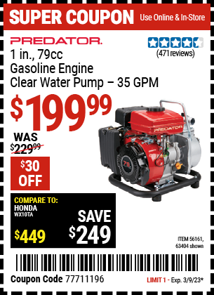 PREDATOR 1 in. 79cc Gasoline Engine Clear Water Pump for $199.99 ...