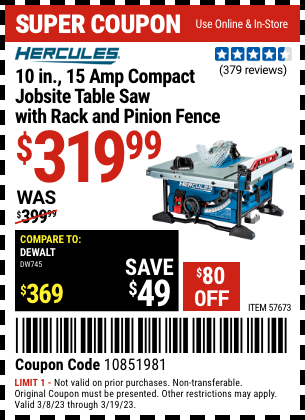 Coupons for HERCULES 10 in. – 15 Amp Compact Jobsite Table Saw with ...