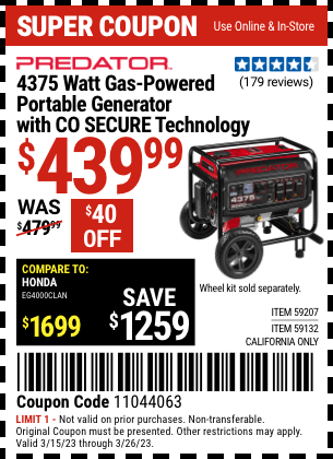 PREDATOR 4375 Watt Gas Powered Portable Generator with CO SECURE ...