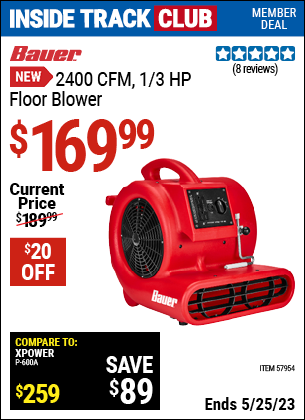 BAUER 2400 CFM 1/3 HP Floor Blower for $169.99 – Harbor Freight Coupons