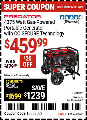 PREDATOR 4375 Watt Gas Powered Portable Generator with CO SECURE ...