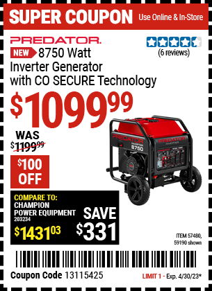 PREDATOR 8750 Watt Inverter Generator With CO SECURE for $1099.99 ...
