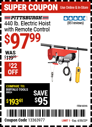 PITTSBURGH AUTOMOTIVE 440 lb. Electric Hoist with Remote Control for ...