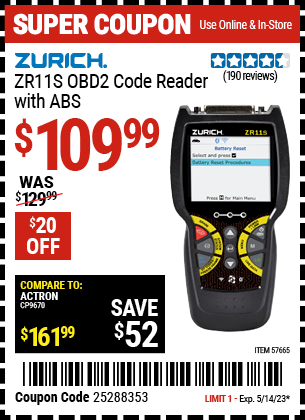 ZURICH ZR11S OBD2 Code Reader with ABS for $109.99 – Harbor Freight Coupons
