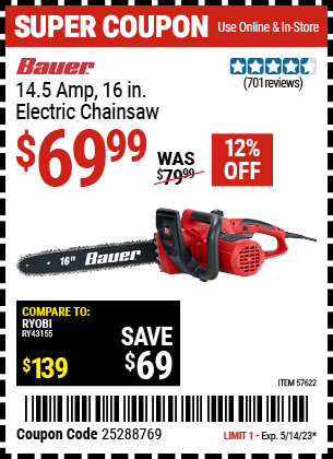 BAUER Corded 16 in. Electric Chainsaw for $69.99 – Harbor Freight Coupons