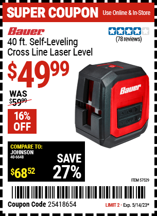 BAUER 40 ft. Self-Leveling Cross Line Laser Level for $49.99 – Harbor ...