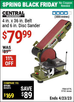 CENTRAL MACHINERY 4 in. x 36 in. Belt/6 in. Disc Sander for $79.99 ...