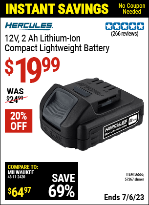 Coupons for HERCULES 12V 2.0 Ah Compact Lightweight Battery for $19.99