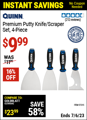QUINN Premium Putty Knife Set for $9.99 – Harbor Freight Coupons