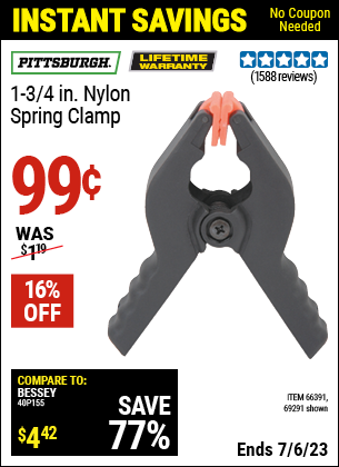 PITTSBURGH 1-3/4 in. Nylon Spring Clamp for $0.99 – Harbor Freight Coupons