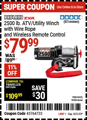 BADLAND 2500 Lb. ATV/Utility Electric Winch With Wireless Remote Control for $79.99 – Harbor ...