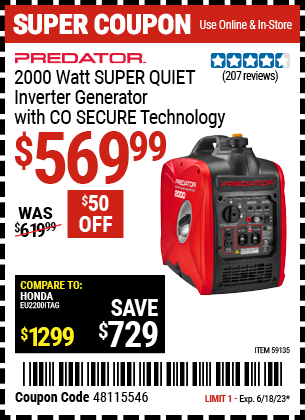 PREDATOR 2000 Watt SUPER QUIET Inverter Generator with CO SECURE ...