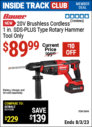 BAUER 20V Brushless Cordless 1 in. SDS-PLUS Type Rotary Hammer, Tool ...