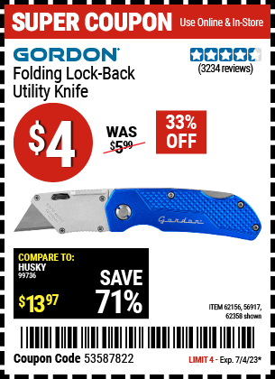 Coupons for GORDON Folding Lock-Back Utility Knife for $4
