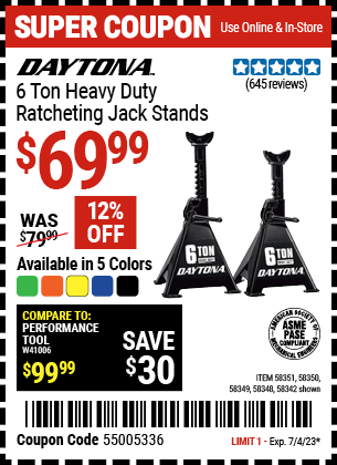 DAYTONA 6 ton Heavy Duty Ratcheting Jack Stands for $69.99 – Harbor Freight Coupons
