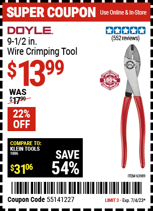Coupons for DOYLE 9-1/2 in. Wire Crimping Tool for $13.99