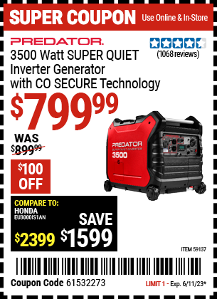 PREDATOR 3500 Watt SUPER QUIET Inverter Generator with CO SECURE ...