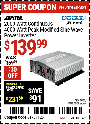 JUPITER 2000 Watt Continuous/4000 Watt Peak Modified Sine Wave Power Inverter for $139.99 ...