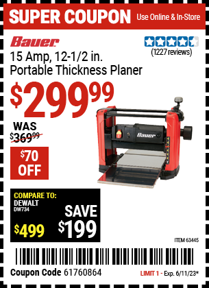 BAUER 15 Amp 12-1/2 in. Portable Thickness Planer for $299.99 – Harbor ...