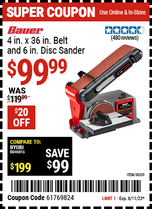 BAUER 4 In. X 36 In. Belt And 6 In. Disc Sander for $99.99 – Harbor ...