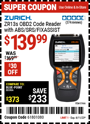 ZURICH ZR13S OBD2 Code Reader with ABS/SRS/FixAssist® for $139.99 ...