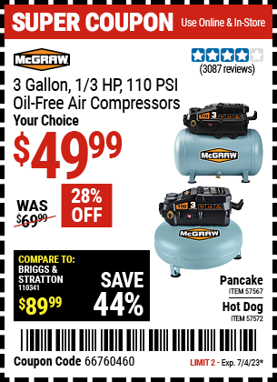 MCGRAW 3 Gallon 1/3 HP 110 PSI Oil-Free Pancake or Hot Dog Air ...