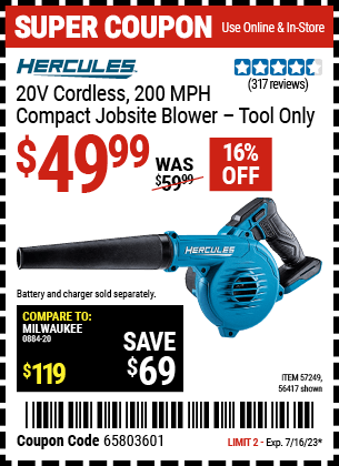 HERCULES 200 MPH Cordless Compact Jobsite Blower- Tool Only for $49.99 ...