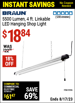 BRAUN 5500 Lumen 4 ft. Linkable LED Hanging Shop Light for $18.84 ...