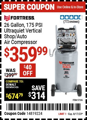 FORTRESS 26 Gallon 175 PSI Ultra Quiet Vertical Shop/Auto Air ...