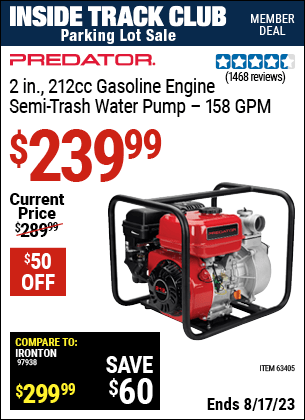 PREDATOR 2 in. 212cc Gasoline Engine Semi-Trash Water Pump for $239.99 ...