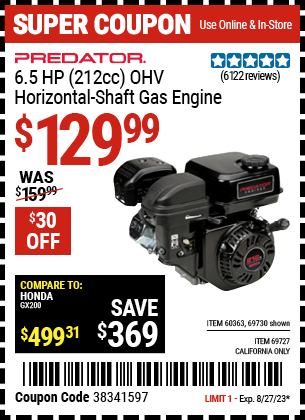 PREDATOR ENGINES 6.5 HP (212cc) OHV Horizontal-Shaft Gas Engine for ...