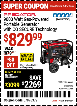 PREDATOR 9000 Watt Gas Powered Portable Generator with CO SECURE ...
