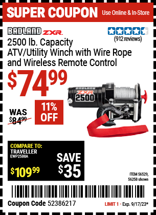 BADLAND 2500 lb. ATV/Utility Electric Winch With Wireless Remote ...