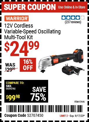WARRIOR 12v Cordless Variable Speed Oscillating Multi-Tool Kit for $24. ...