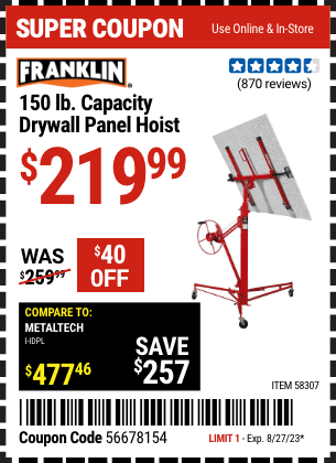 FRANKLIN 150 lb. Capacity Drywall Panel Hoist for $219.99 – Harbor ...
