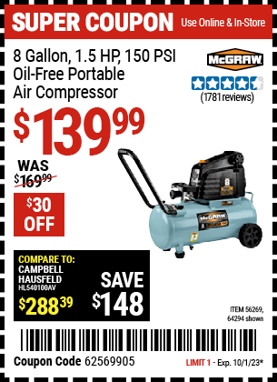 MCGRAW 8 gallon 1.5 HP 150 PSI Oil-Free Portable Air Compressor for ...