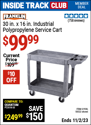 FRANKLIN 30 in. x 16 in. Industrial Polypropylene Service Cart for $99. ...