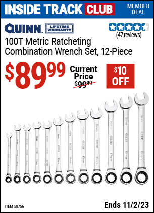 QUINN Metric 100 Tooth Combination Ratchet Wrench Set for $89.99 ...