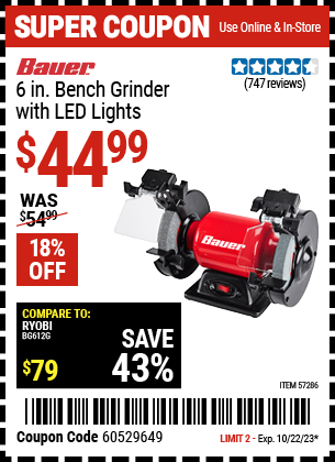 BAUER 6 in. Bench Grinder With LED Lights for $44.99 – Harbor Freight ...