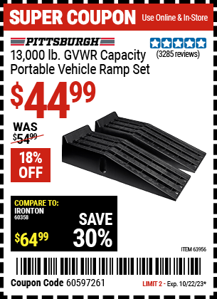 PITTSBURGH AUTOMOTIVE 13000 lb. Portable Vehicle Ramp Set for $44.99 ...