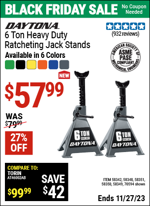 Coupons for DAYTONA 6 Ton Heavy Duty Ratcheting Jack Stands for $57.99