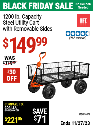 HFT 1200 lb. Capacity Steel Utility Cart with Removable Sides for $149. ...