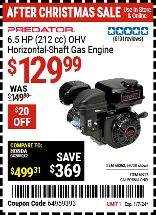 PREDATOR ENGINES 6.5 HP (212cc) OHV Horizontal-Shaft Gas Engine for ...