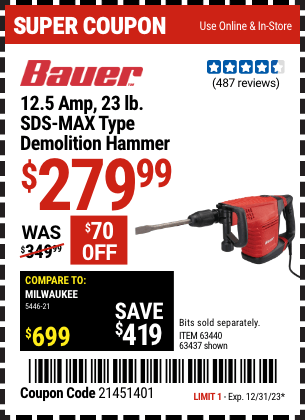 BAUER 12.5 Amp, 23 lb. SDS-Max Type Demolition Hammer for $279.99 ...